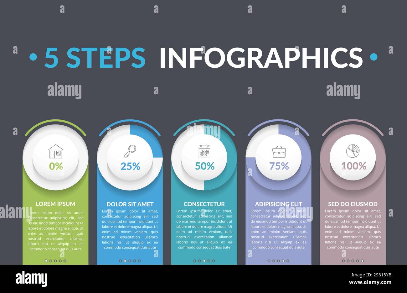 Infographic template with five round progress indicators, five steps infographics, workflow ...