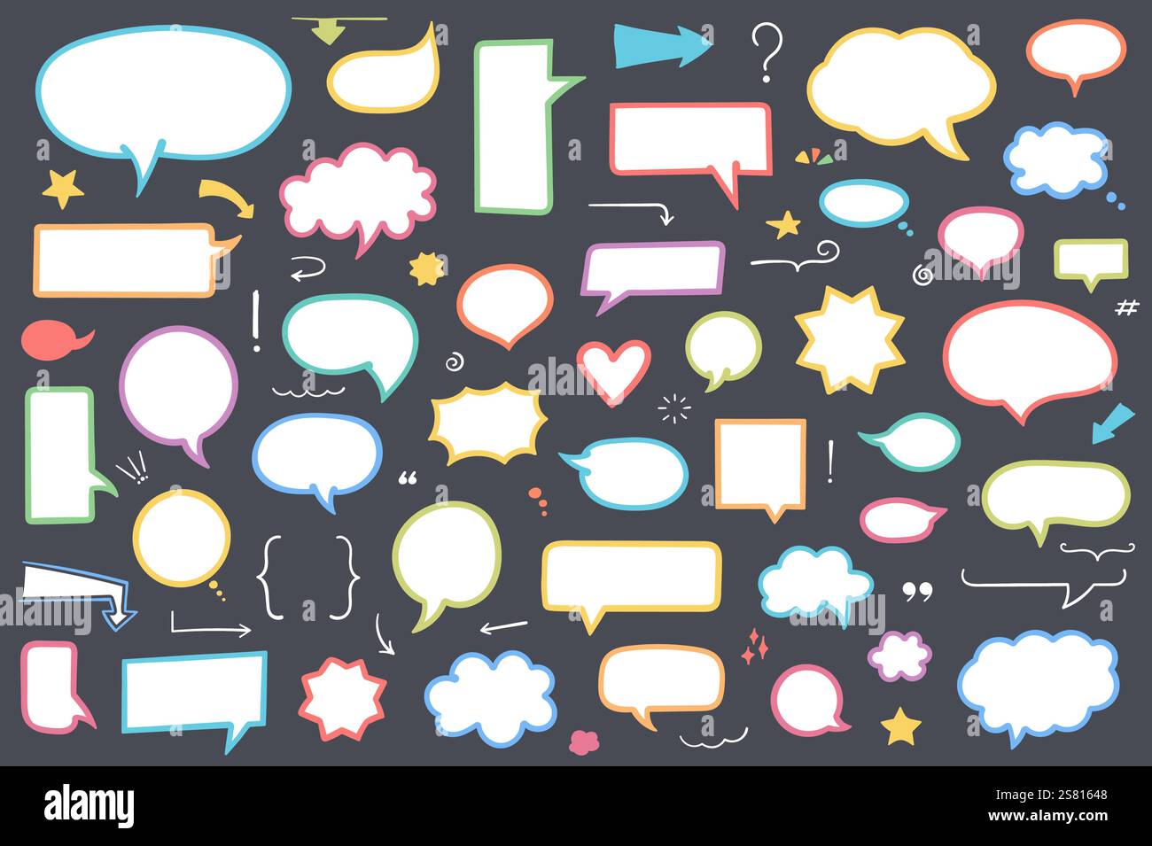 Collection of colored hand drawn speech bubbles, arrows and other ...