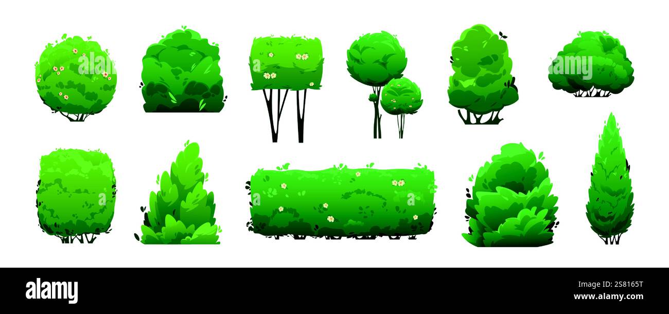 Shaped garden bushes. Cartoon green hedge shrub, ornamental park plant ...