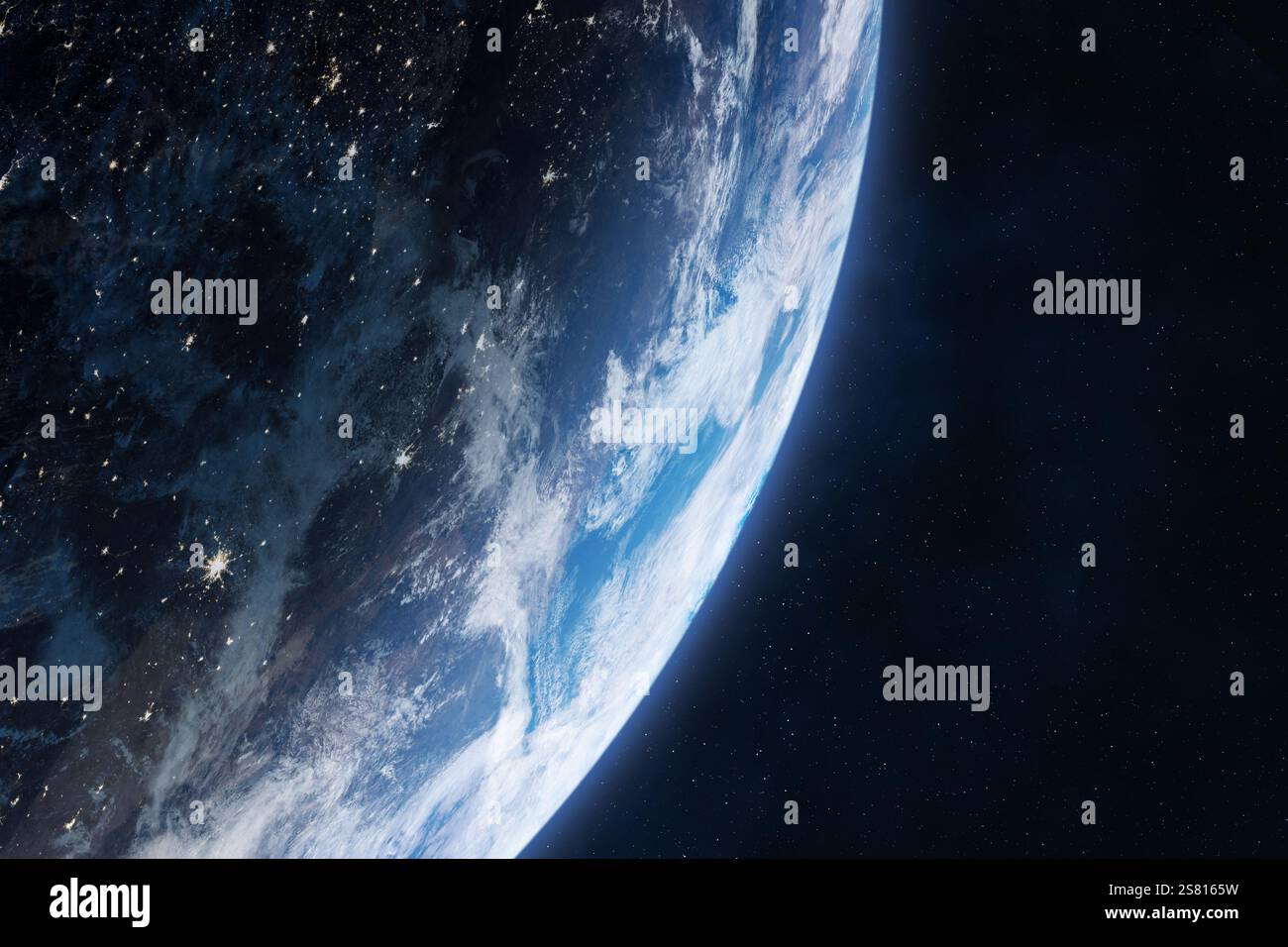 Blue Earth in outer space. Surface of Earth planet in deep space. High ...