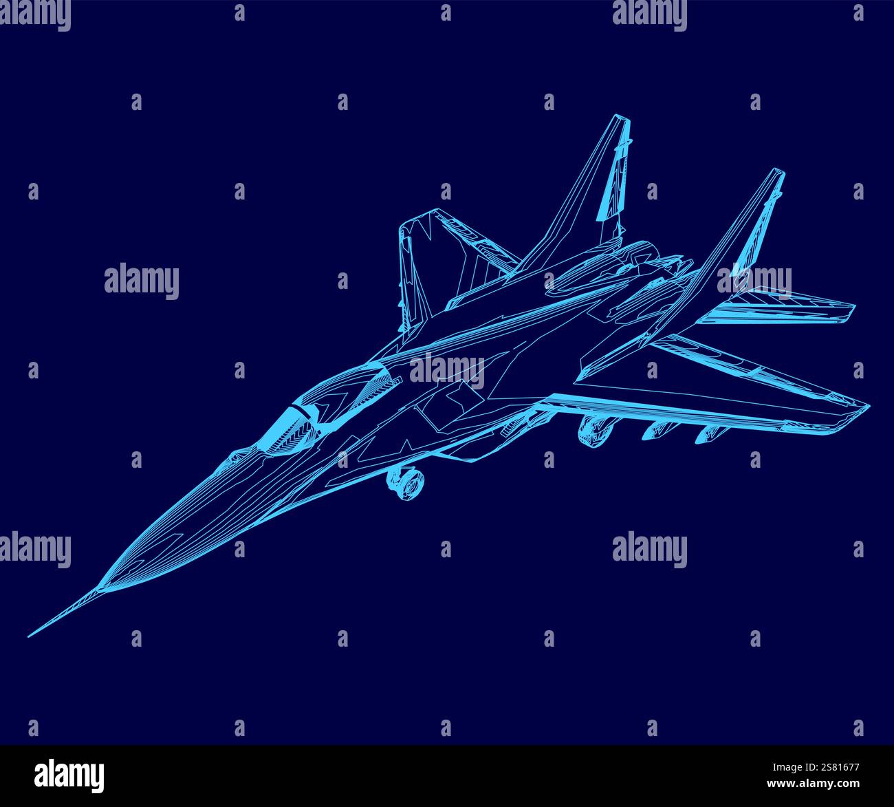 Blue jet is flying in the sky. The jet is a fighter jet and is in the ...