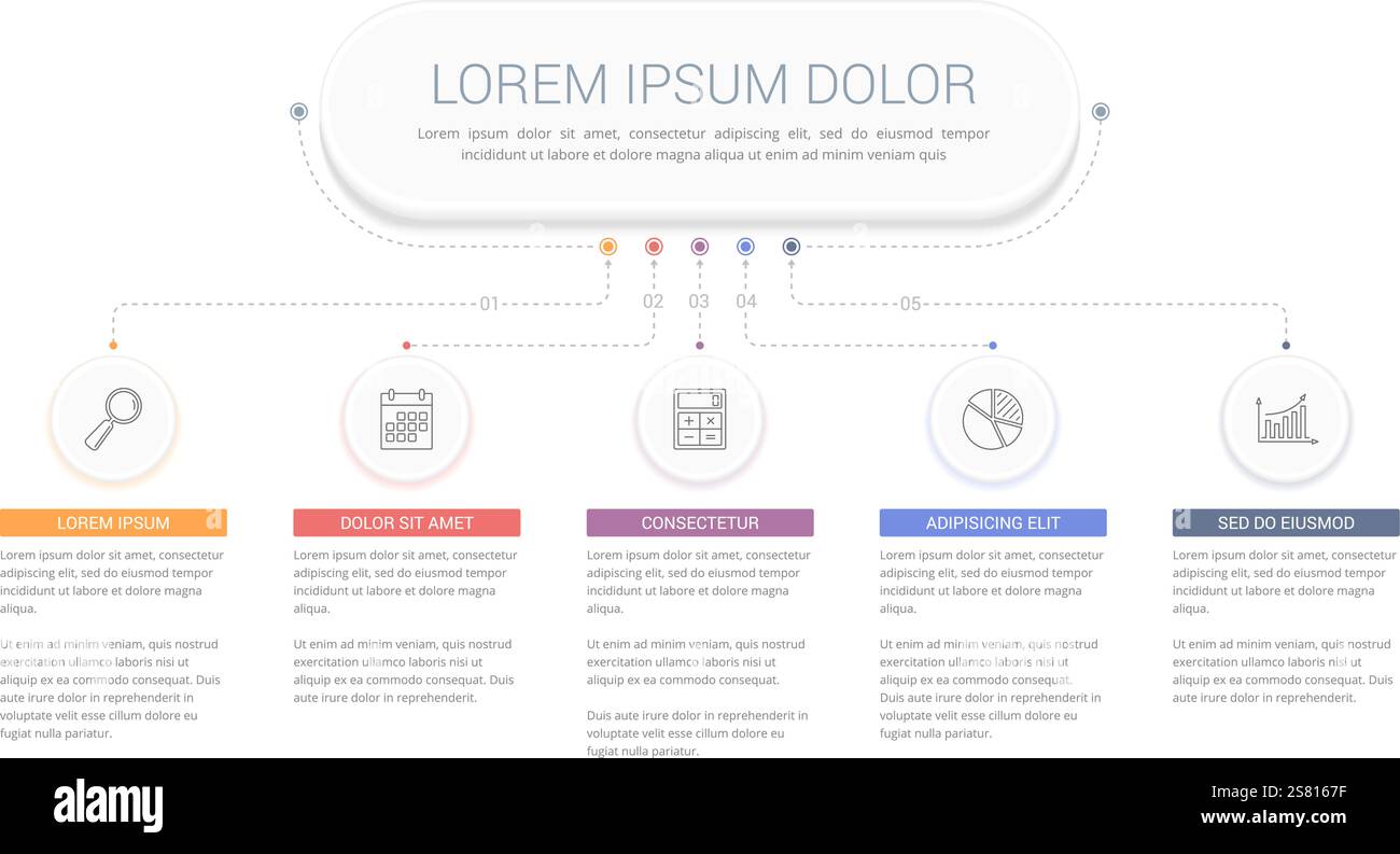 Infographic template with main title and 5 steps or options, workflow ...