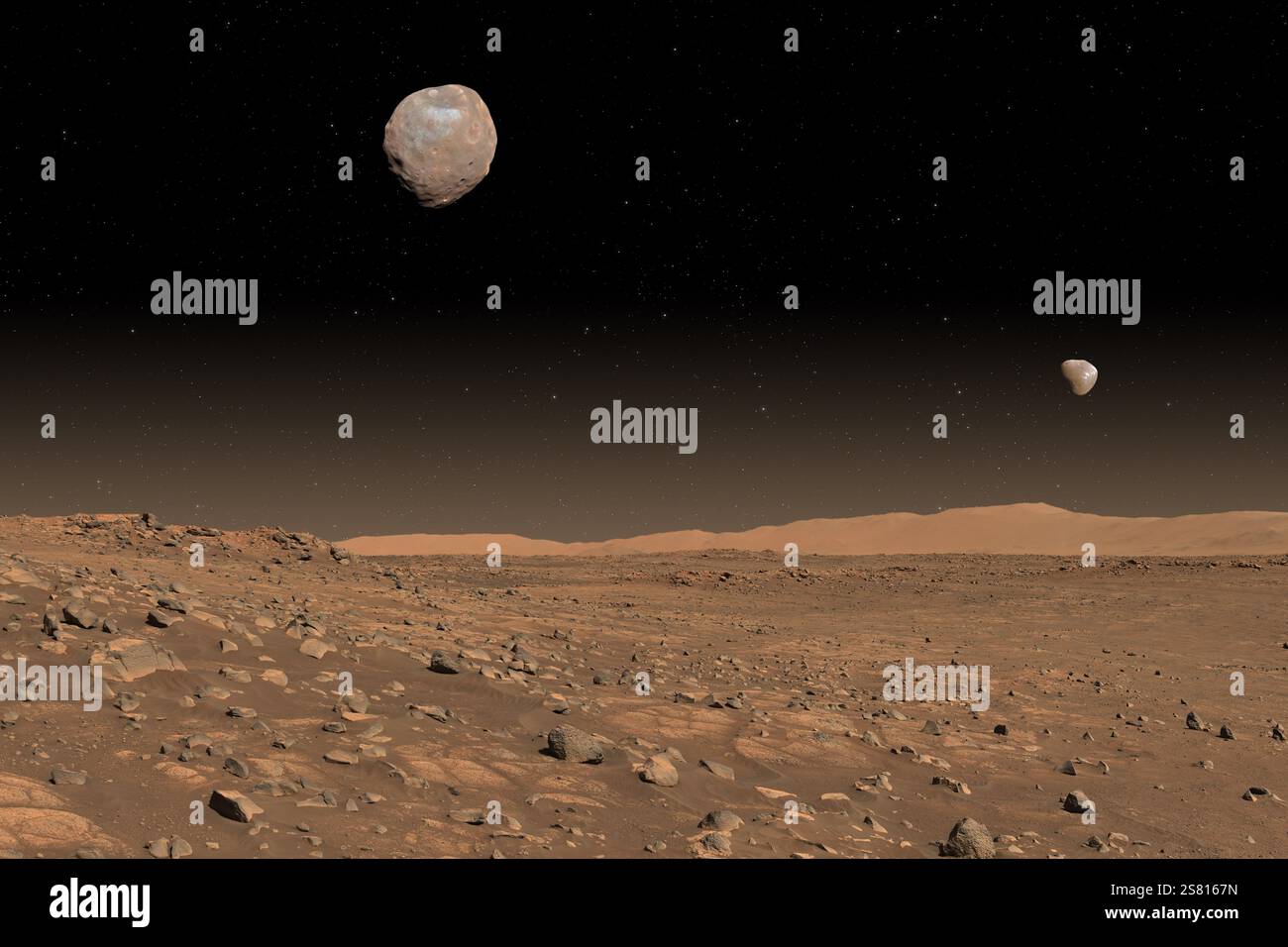 Mars surface, Phobos and Deimos. Planet Mars and Its Moons: Phobos and ...