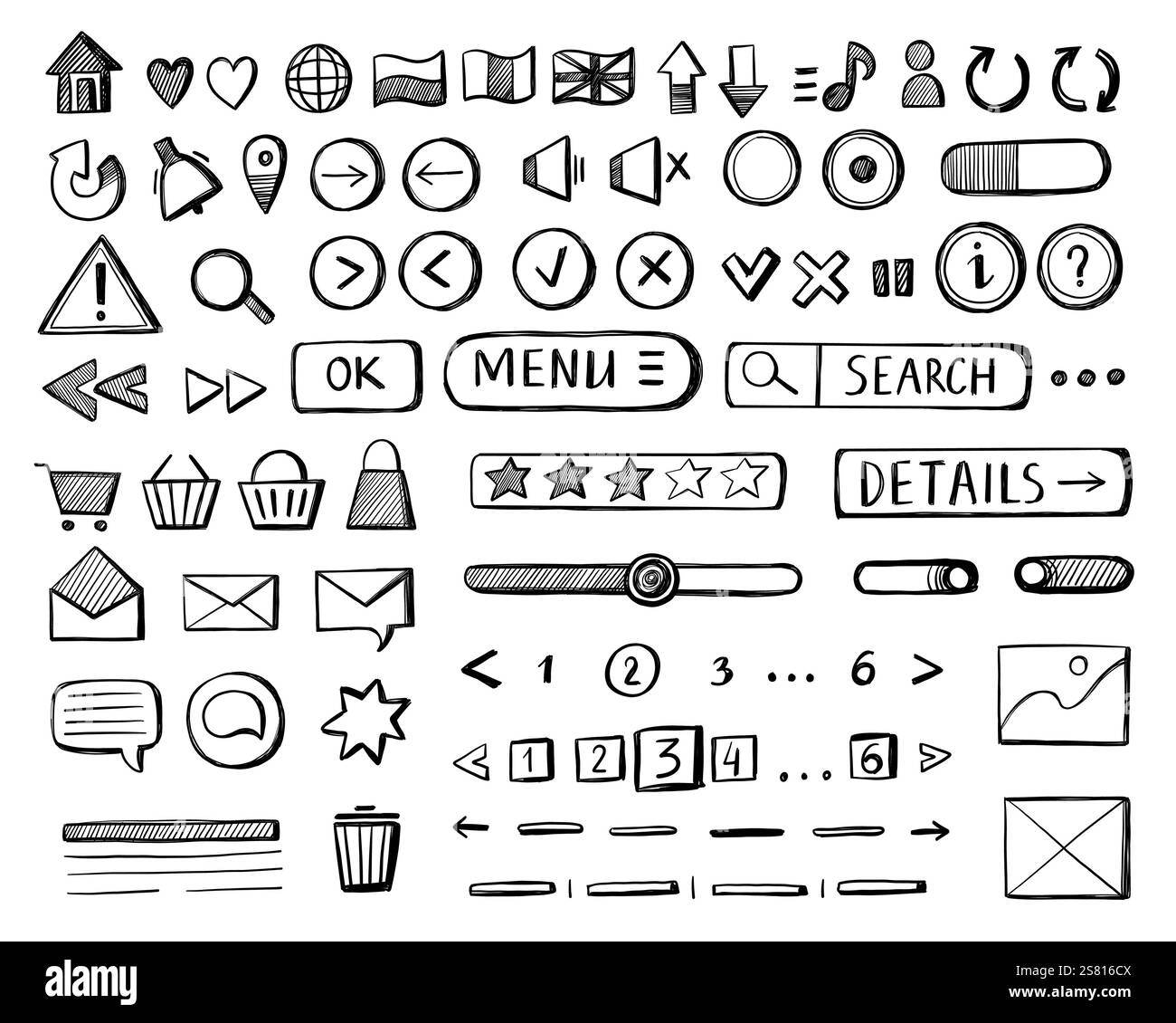Wireframe buttons sketch. Hand drawn web app UI UX interface wireframed elements, website user ...