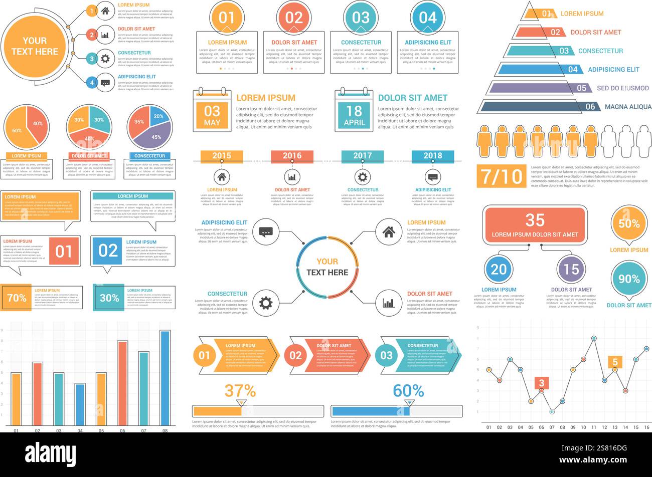 Infographic elements - bar and line charts, percents, pie charts, steps ...
