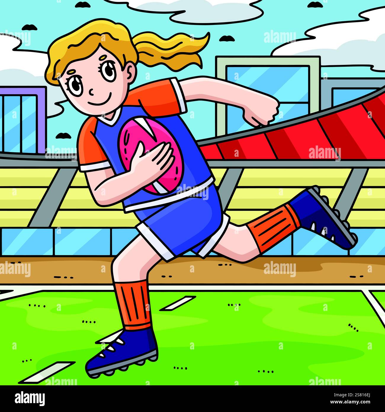 Female Rugby Player Running Ball Colored Cartoon Stock Vector Image ...