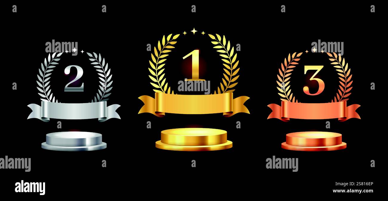 Laurel pedestal. Winner podium award ceremony with first gold, second ...
