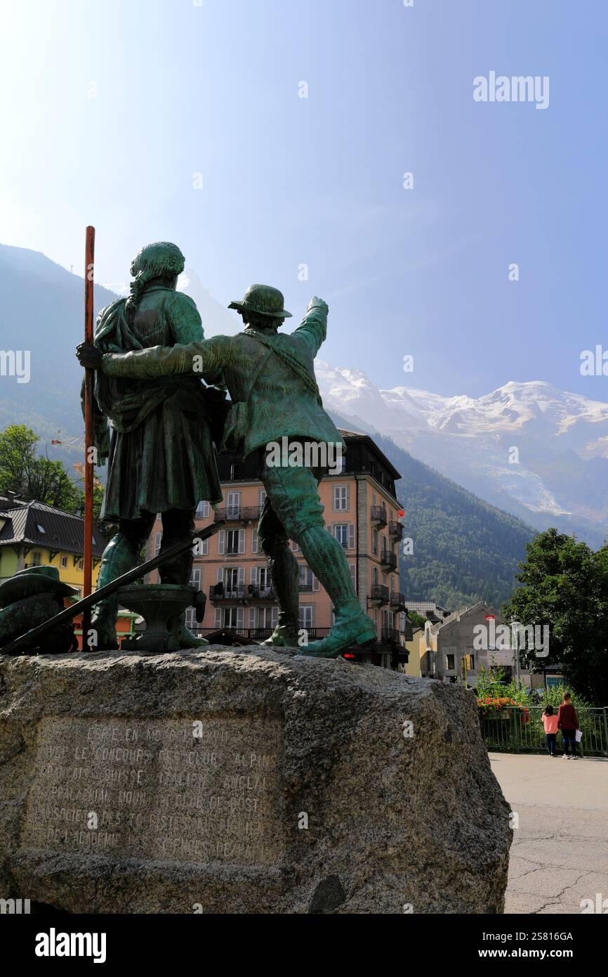 Statue of Jacques Balmat showing the summit of Mont Blanc to Horace ...