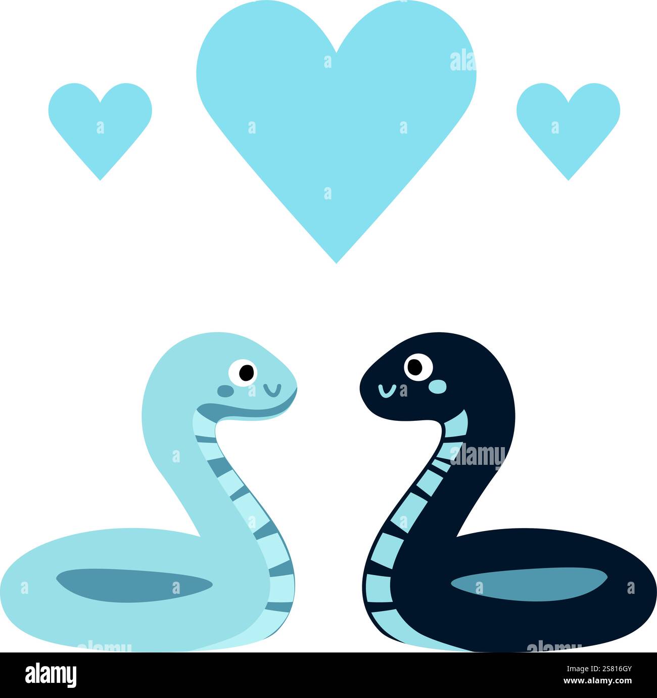 Two cartoon snakes in blue and black with hearts above. Flat vector ...