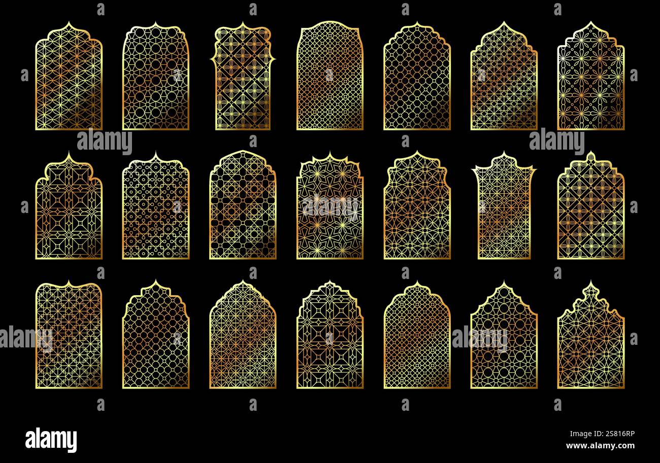 Arabian ornamental window arches. Traditional islamic arch frames with arabesque geometric ...