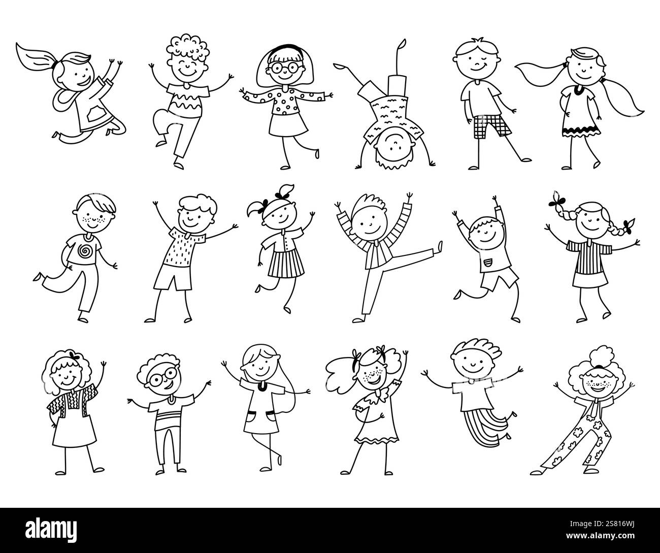 Happy kids doodles. Cute little boys and girls characters, funny active ...