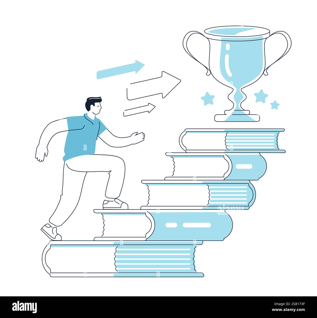 Student climbs stacks of books towards his goal. Male businessman ...