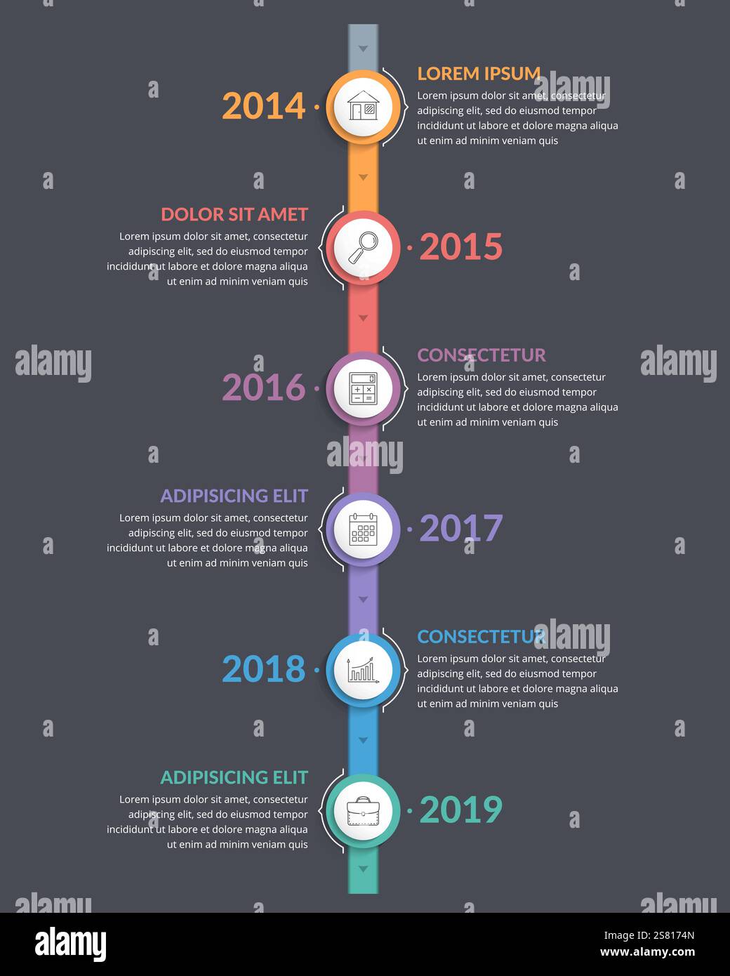 Vertical timeline template with icons, six elements, vector eps10 ...