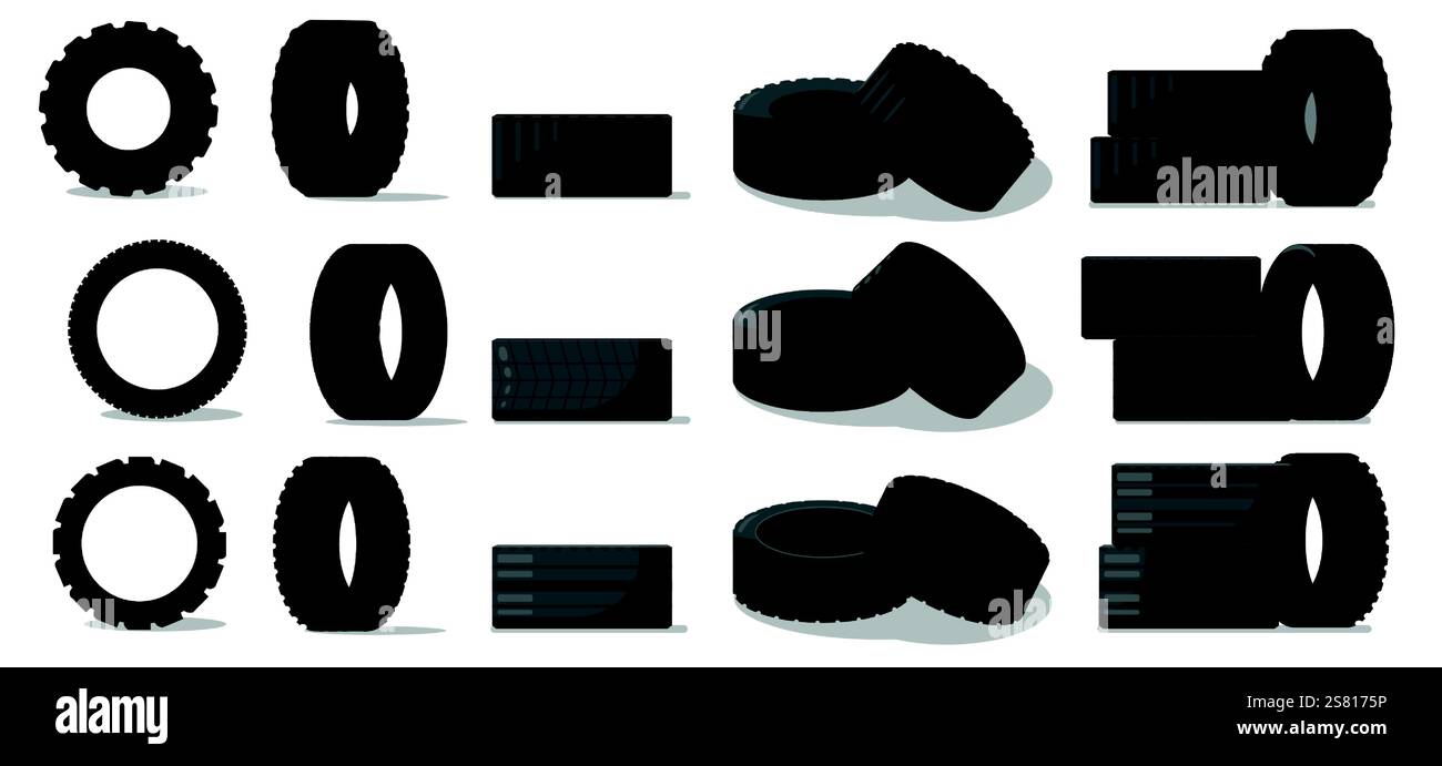 Rubber tires. Cartoon rubberized tire for car wheel with metal rim ...