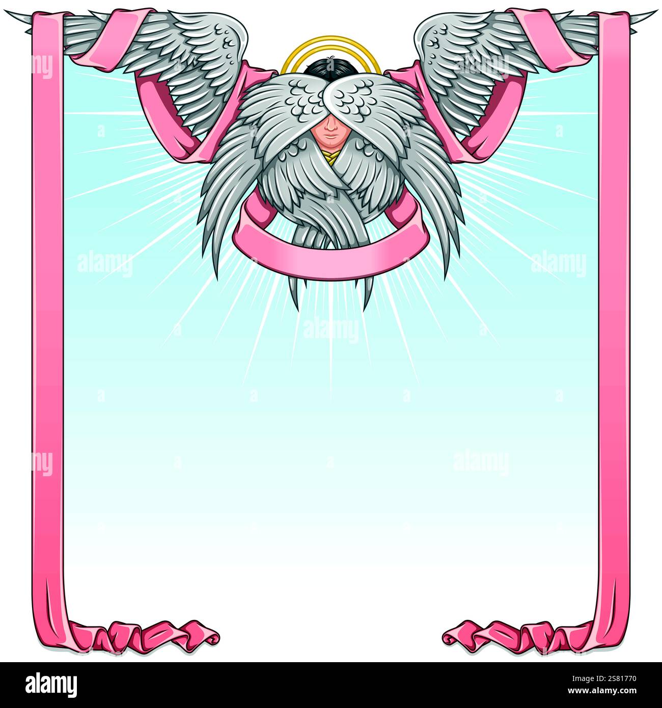 Angel with six wings and ribbon, angelic face of the Catholic religion ...