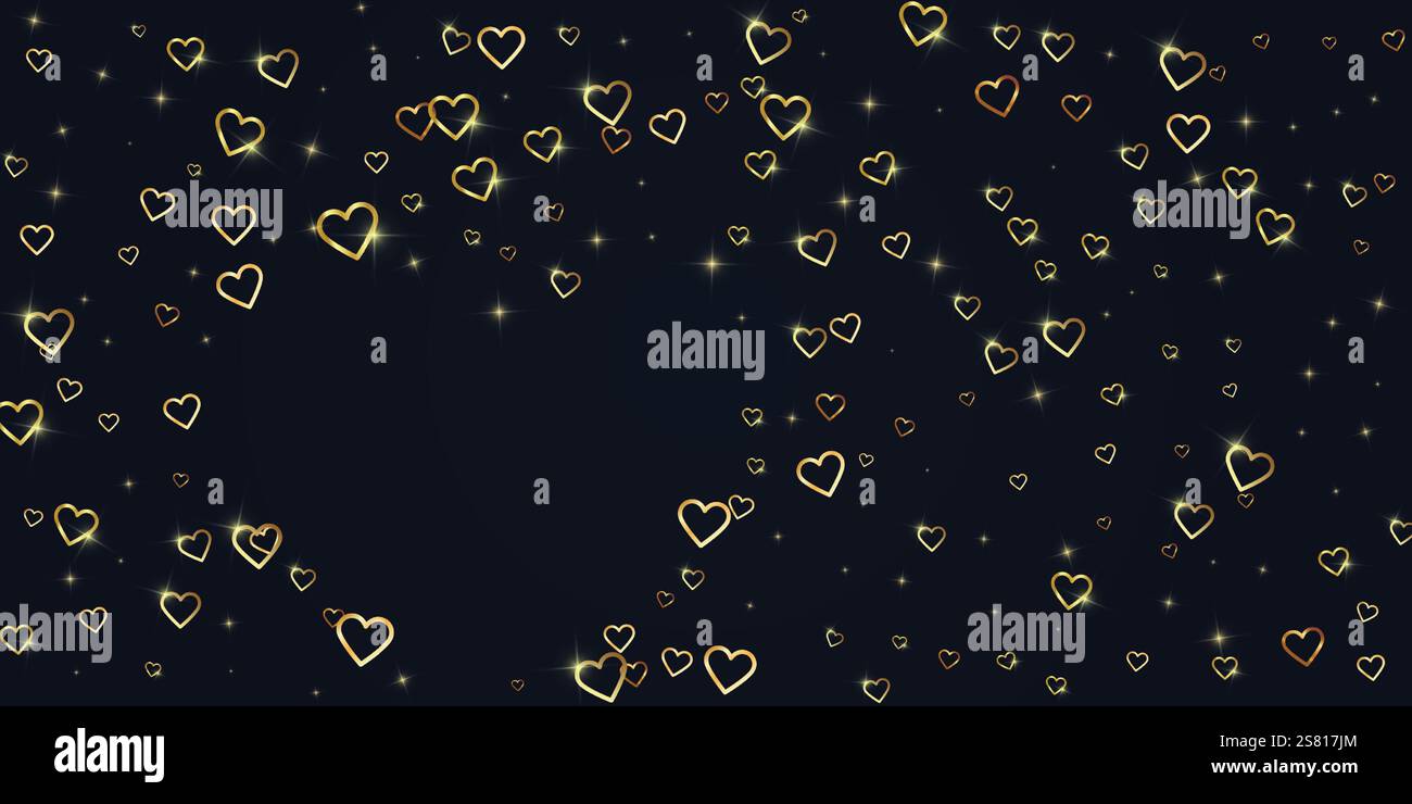 Valentine hearts, flying, falling down, floating. Gold hearts scattered ...
