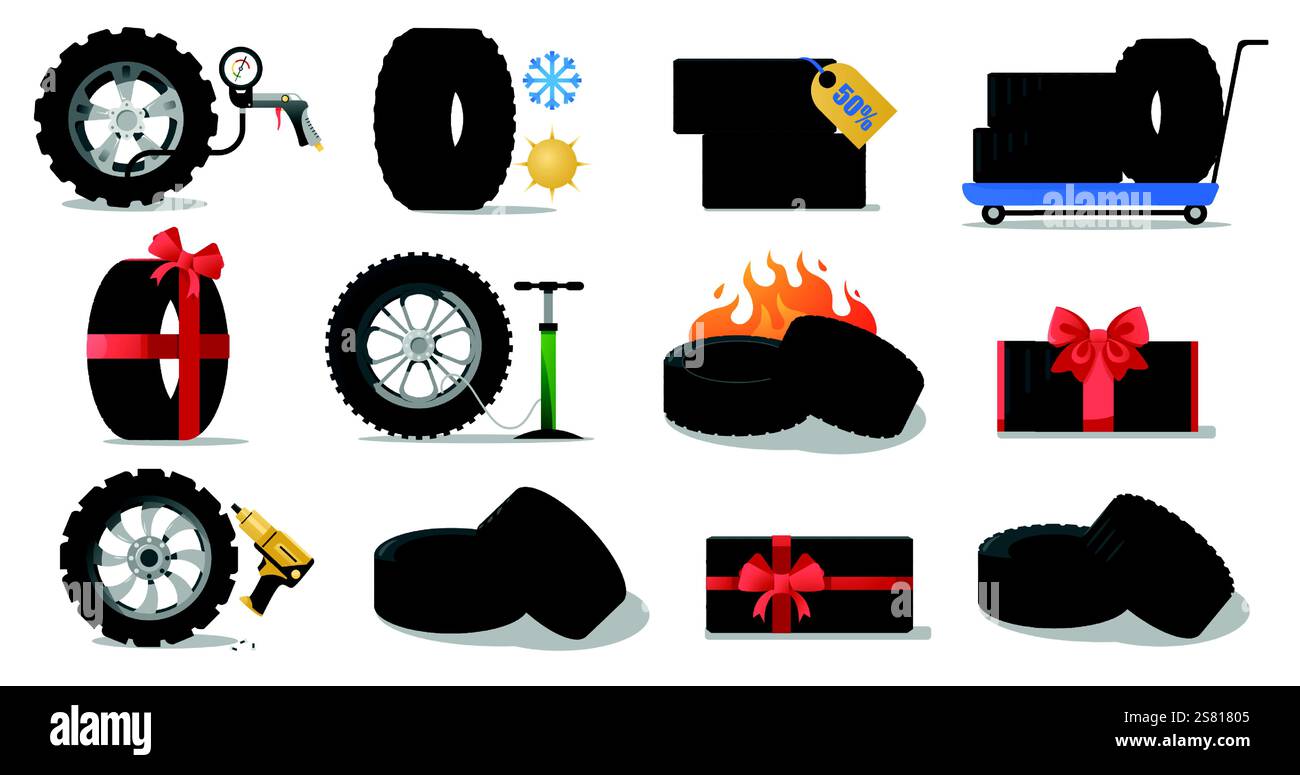 Car tires icons. Flat cartoon rubber wheels for vehicle, auto service ...