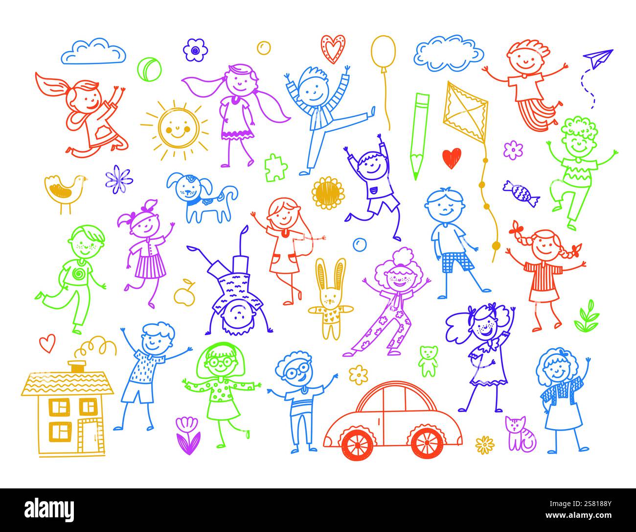 Sketchy happy kids. Cute doodle children playing and having fun ...