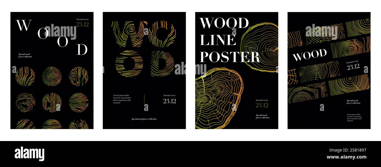 Tree line posters. Wooden trunk rings with annual growth lines, round ...