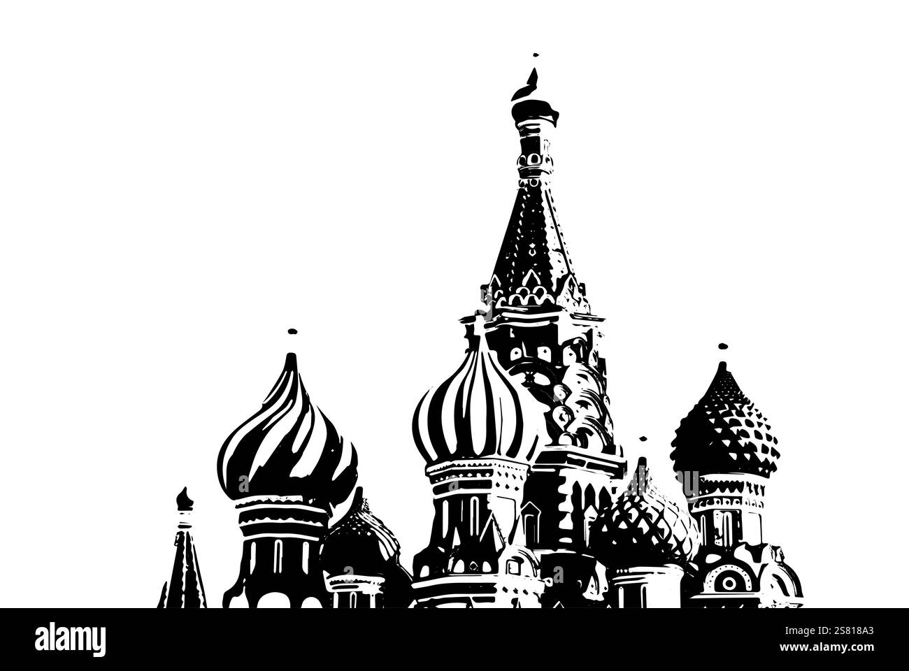 Black and white illustration of Saint Basil's Cathedral in Moscow ...