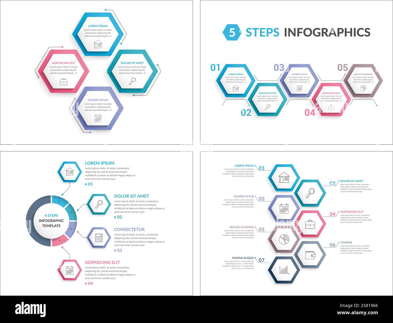 Four infographic templates with hexagons, workflow or process diagrams ...