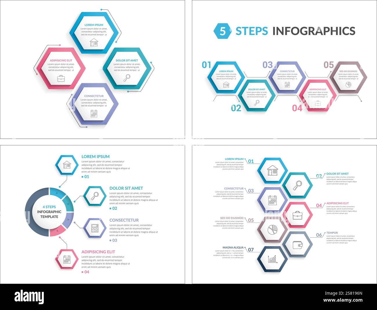 Four infographic templates with hexagons, workflow or process diagrams ...