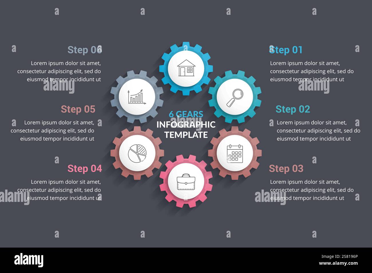Circle diagram with six gears, vector eps10 illustration Stock Vector Image & Art - Alamy