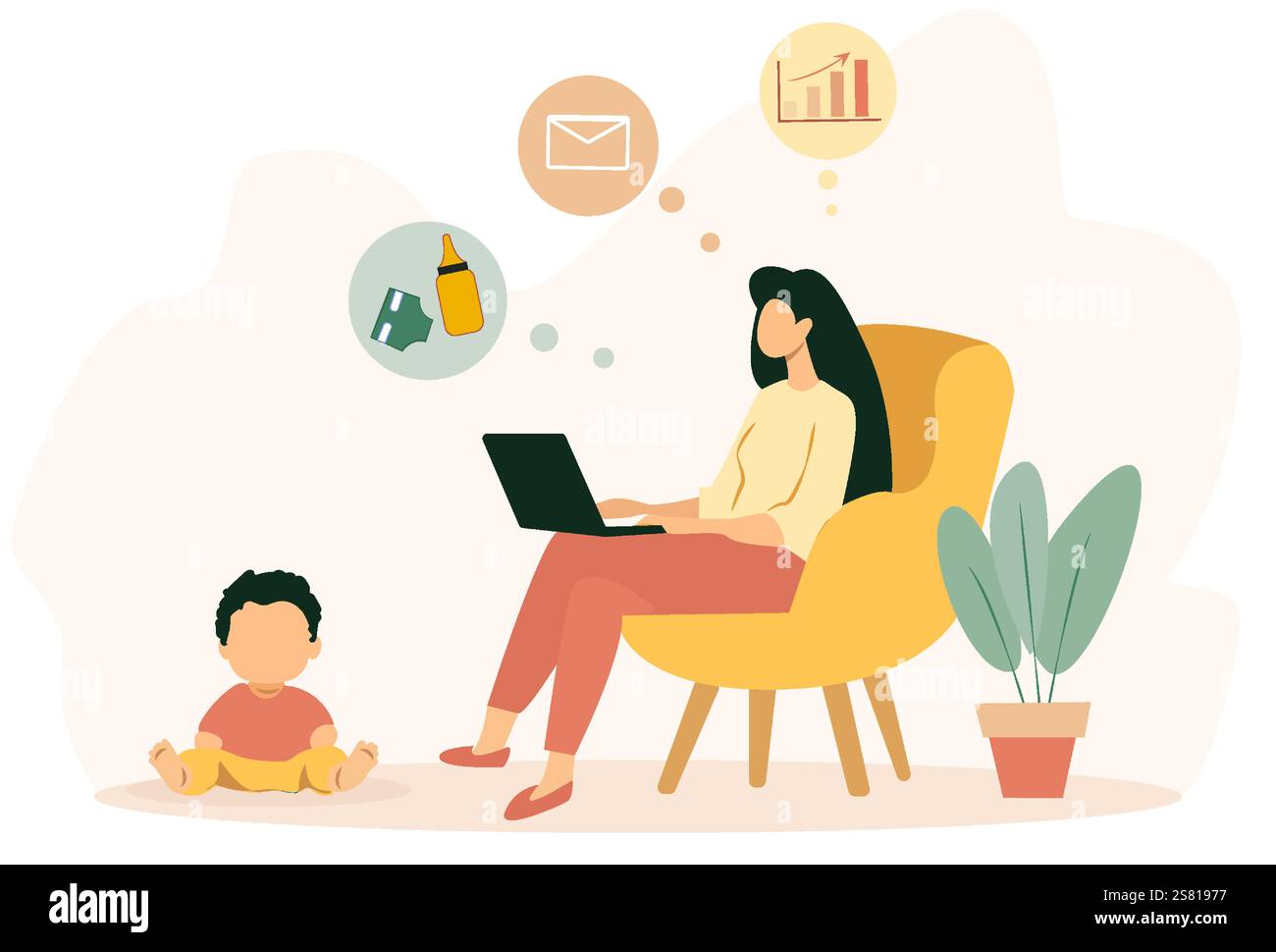 Mom working from home during maternity leave while caring for her child ...