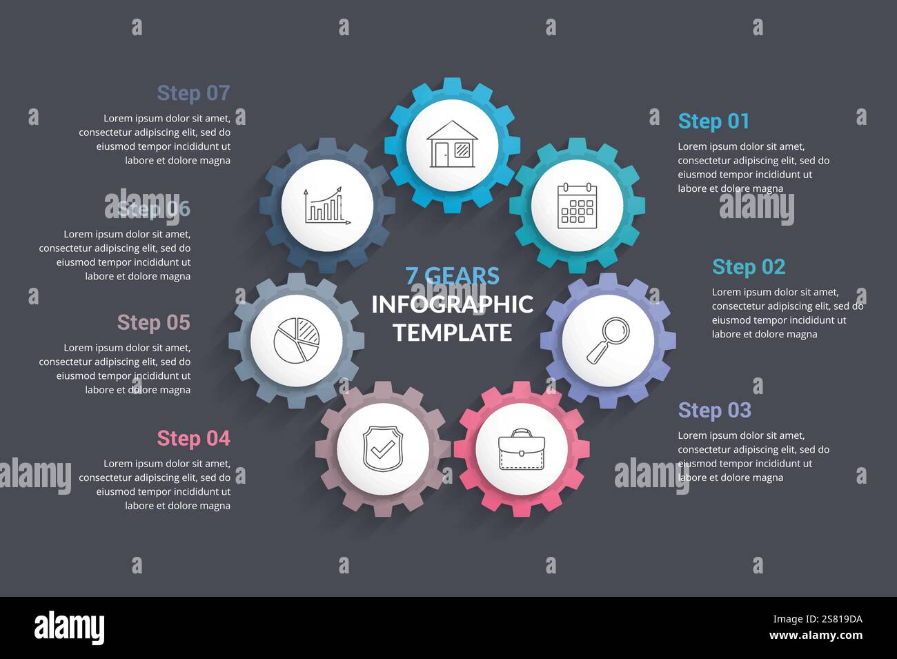 Circle diagram with seven gears, vector eps10 illustration Stock Vector ...
