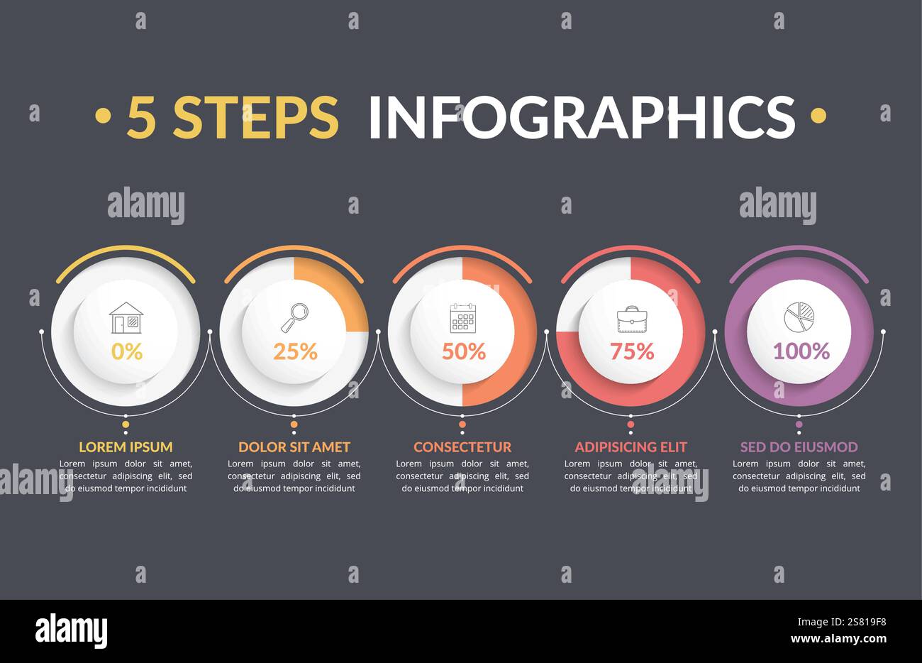 Infographic template with five round progress indicators, five steps infographics, workflow ...