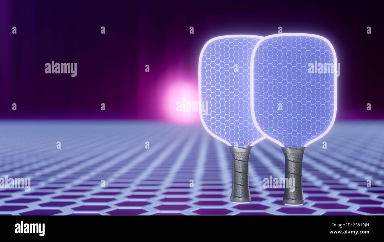 Two glowing blue paddles pickleball on a grid background. 3d rendering ...