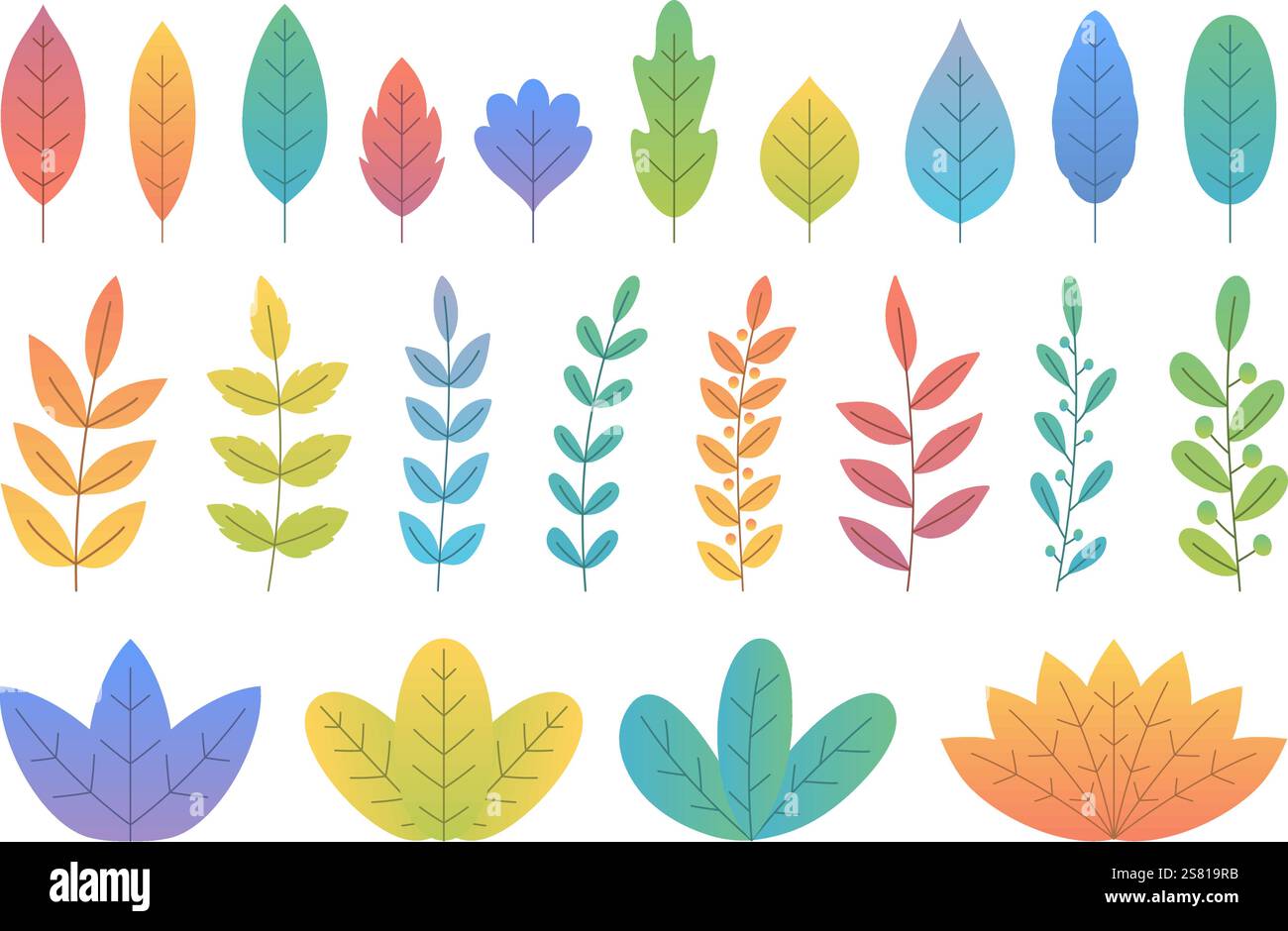 Colorful gradient leaves and trees, bushes and branches, white ...