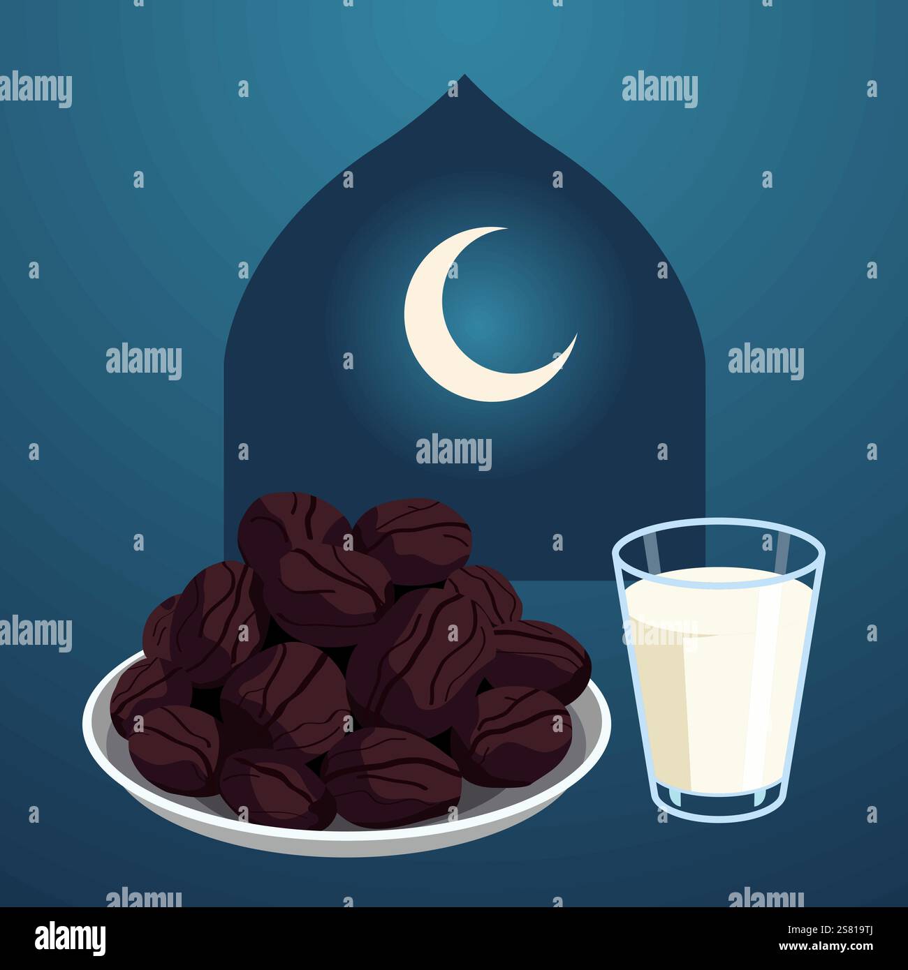 Dates and Milk Ramadan Iftar Crescent Moon Islamic Culture Vector ...