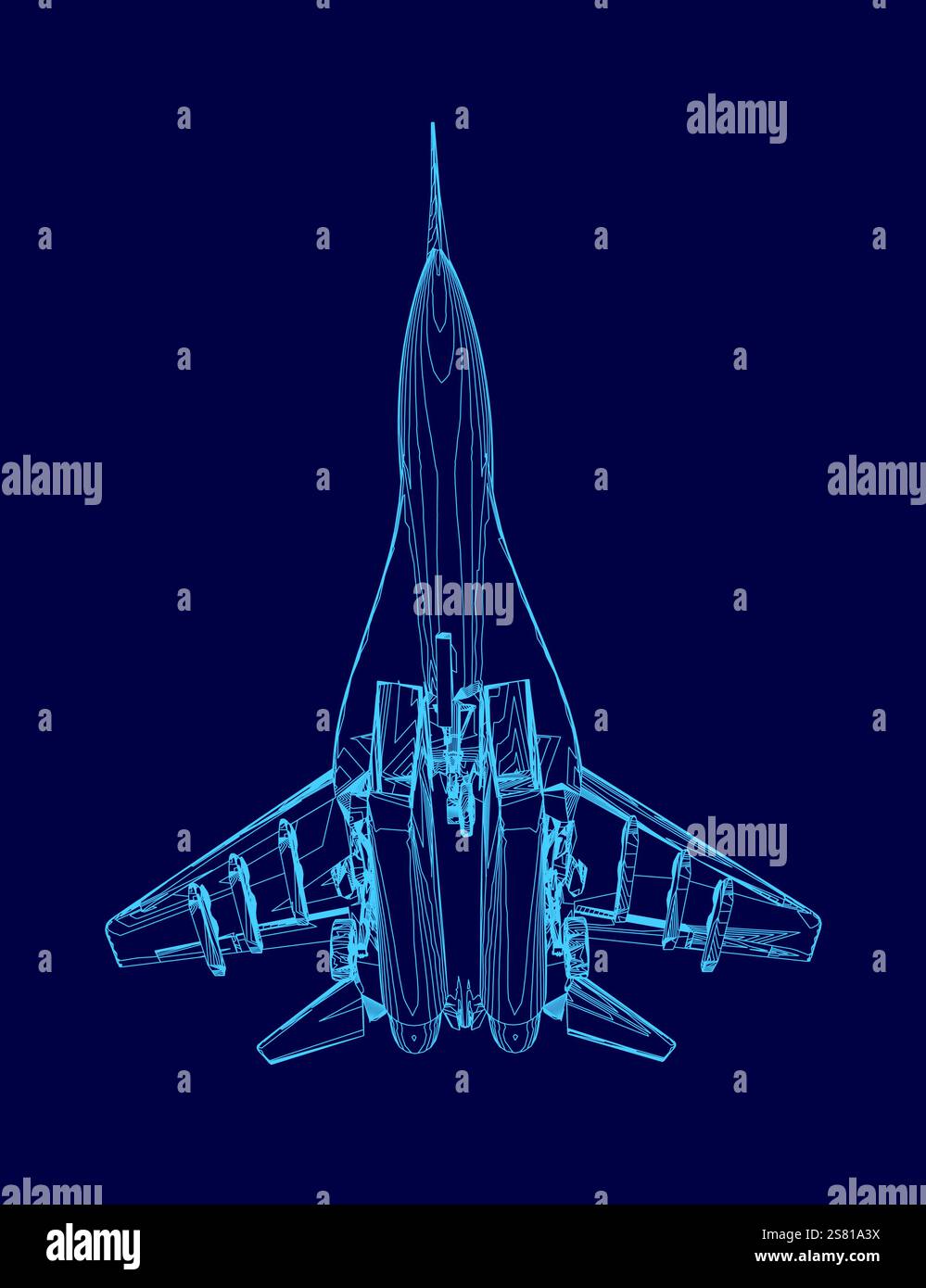 Blue jet is shown in a blue background. The jet is a fighter jet and is ...