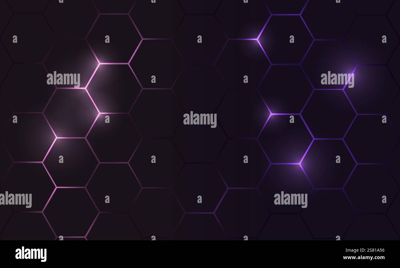 Hexagon technology futuristic dark vector abstract background with purple and pink colored ...