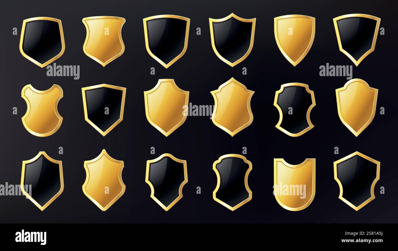 Golden shield badges. Realistic luxury metal trophy 3d frame, blank heraldic armor emblem for ...