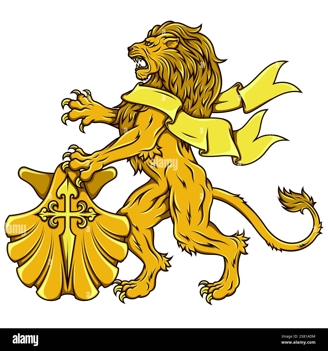 Rampant lion with ribbon and cross of Santiago, heraldic feline with ...