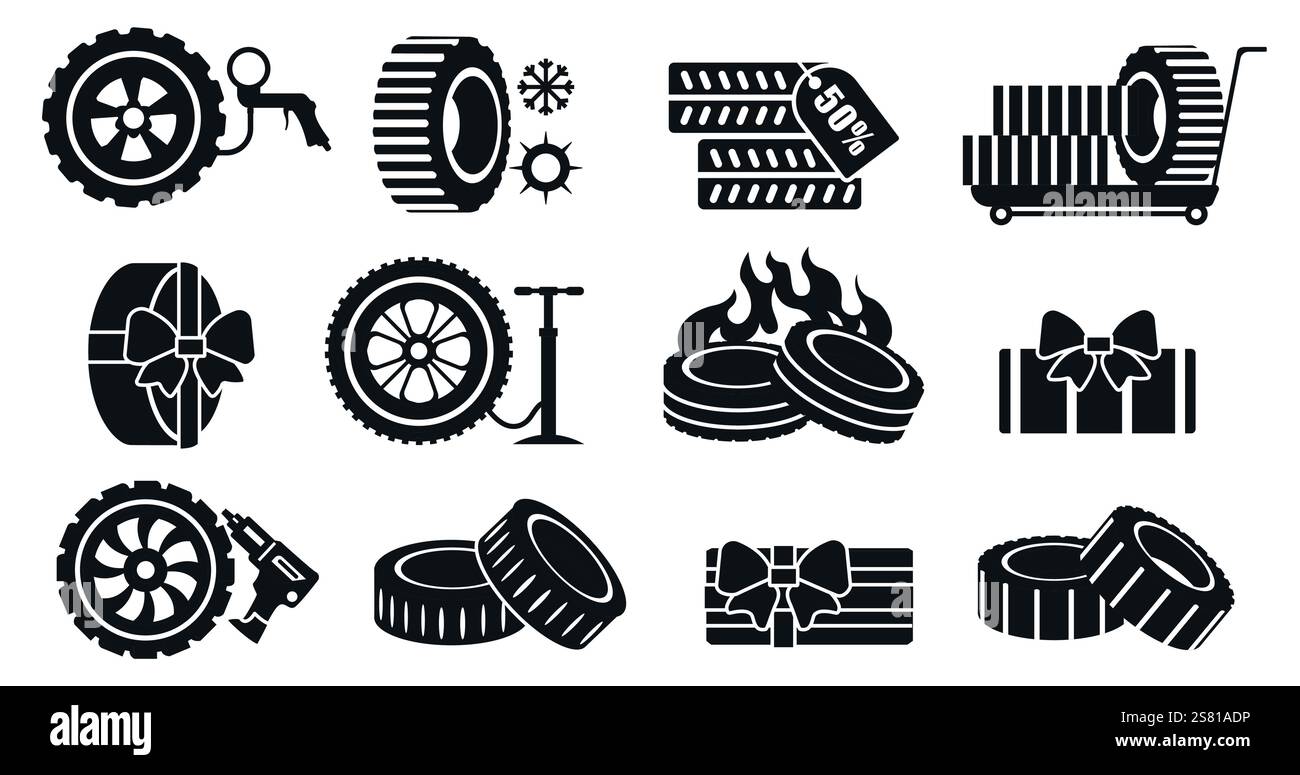 Car tires black icons. Wheel disk with rubber pressure gauge and ...