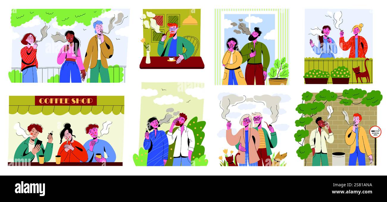 Vape smoker. Cartoon smoking man and woman vaping electronic cigarette ...