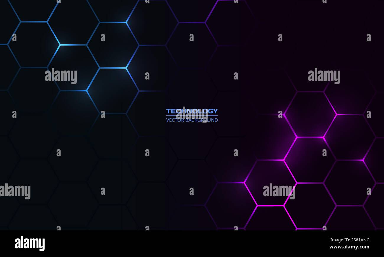 Dark hexagon abstract technology background with blue and pink colored bright flashes under ...