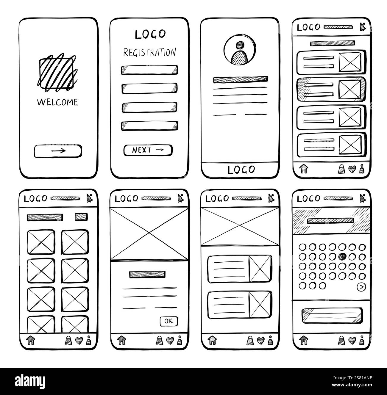 Hand drawn mobile website layout. Sketch pencil doodle UI elements for ...
