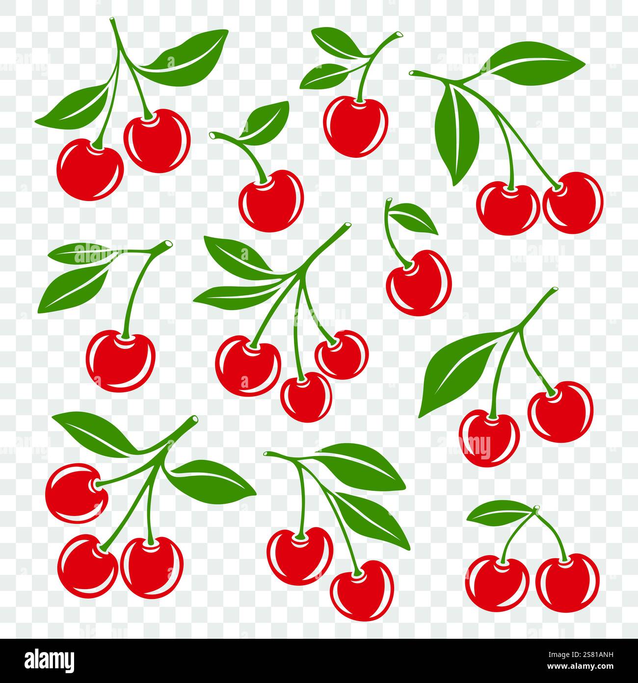 Cute Cartoon Silhouette Cutout Cherry Icon Set. Single, Pair of ...