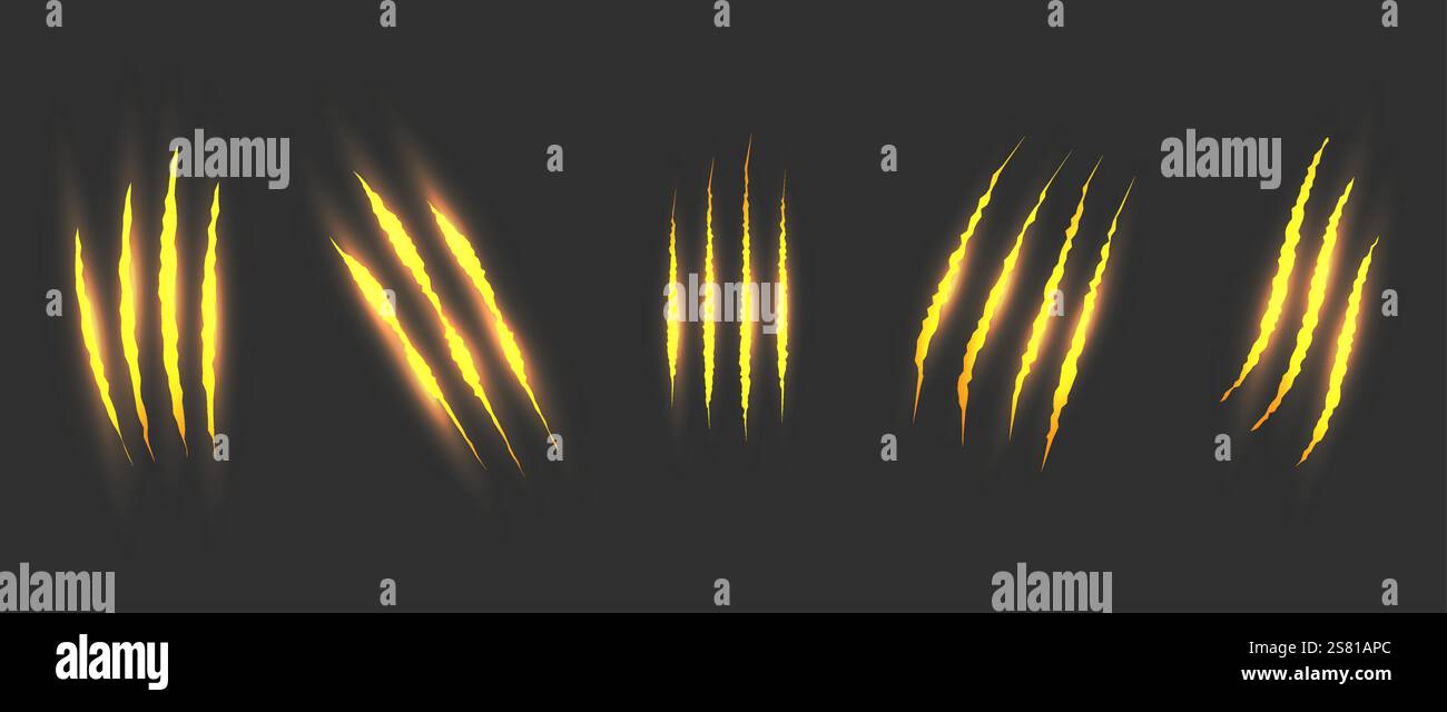 Cat scratch. Golden claw scratches set isolated on black background ...