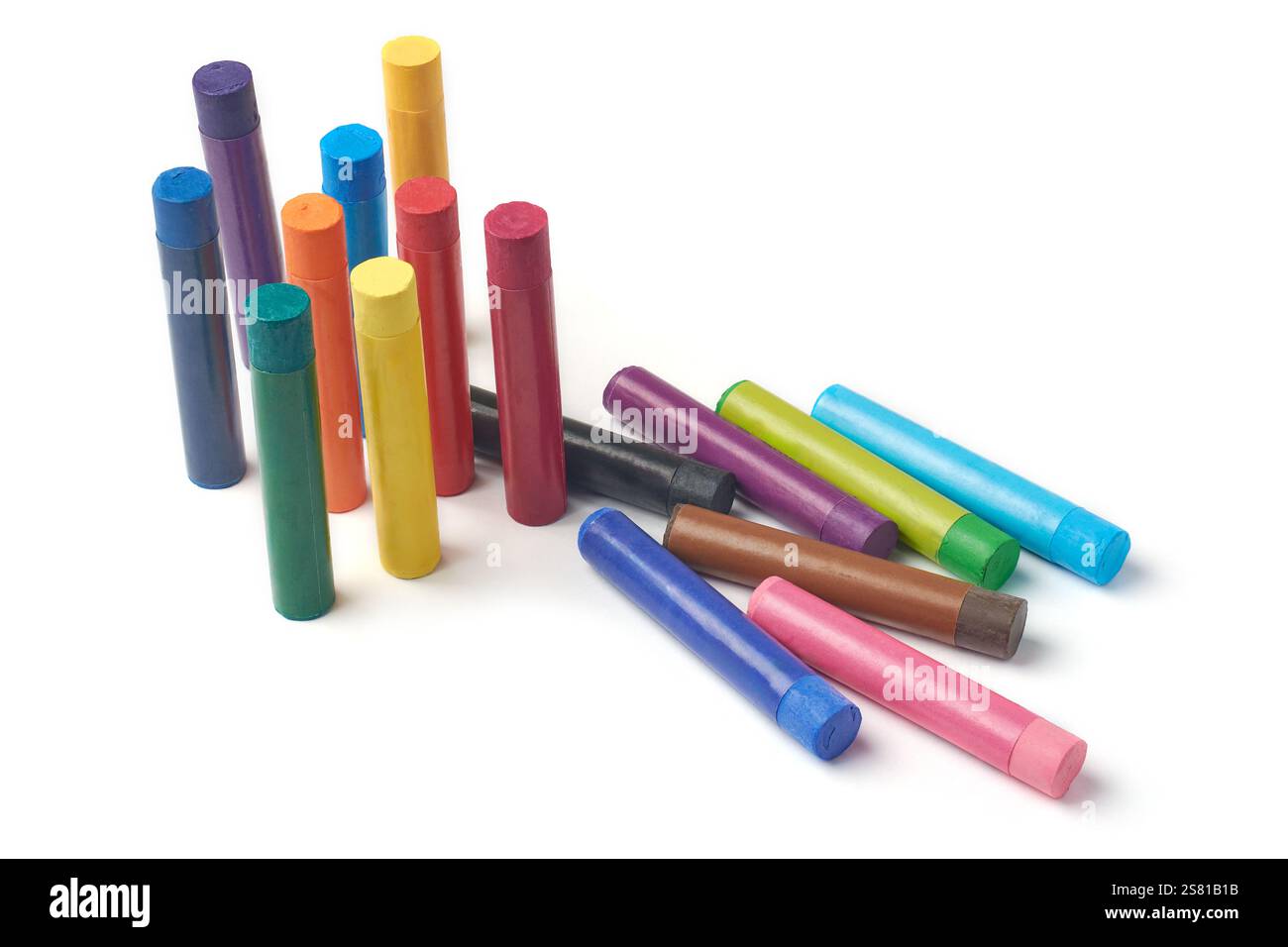 scattered oil pastels or crayons isolated white background, multicolor ...