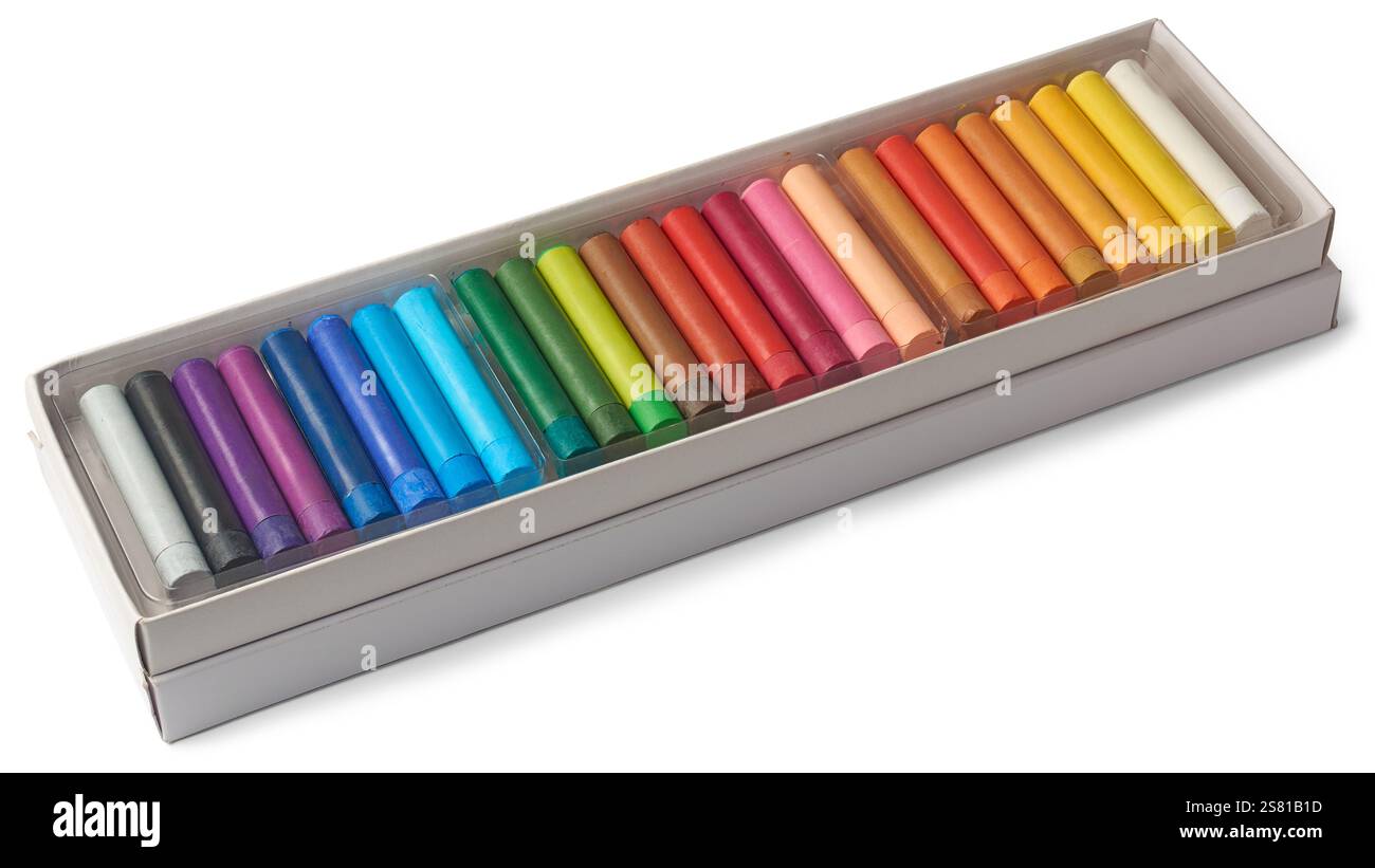 open box of oil pastels or crayons isolated white background ...