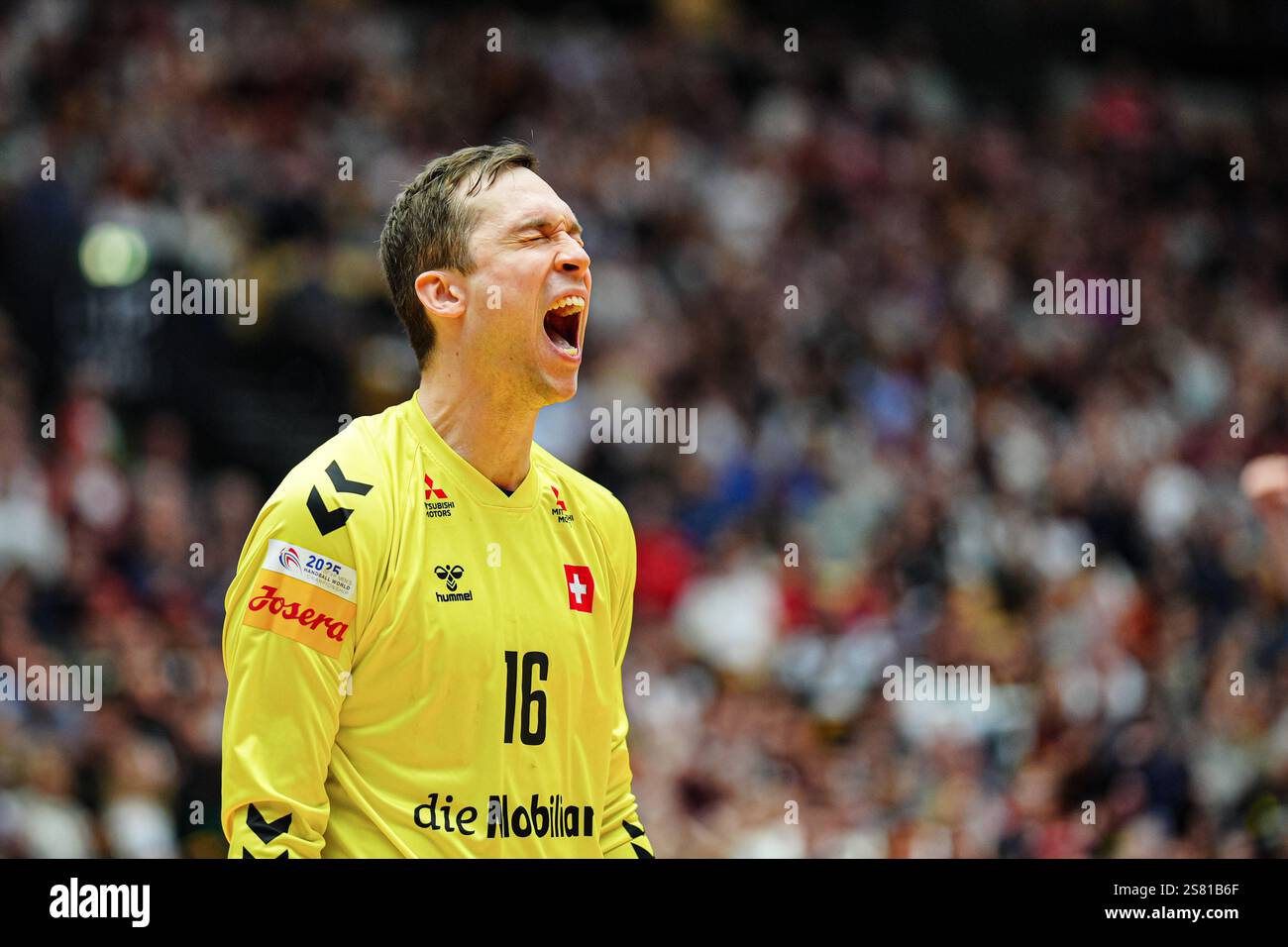 Jubel nach Parade Nikola Portner (Schweiz, #16) DEN, Polen vs. Schweiz, Handball, IHF ...