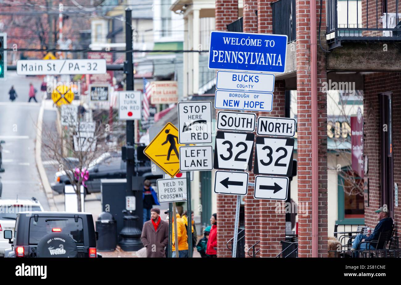 New Hope, Pennsylvania, USA. Traffic direction and welcome signs on the ...