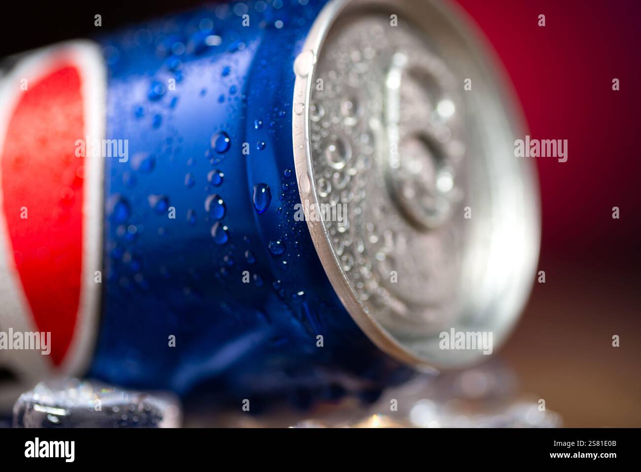 Close-up of a can of coca cola. Pepsi advertisement. Iron can of cola ...