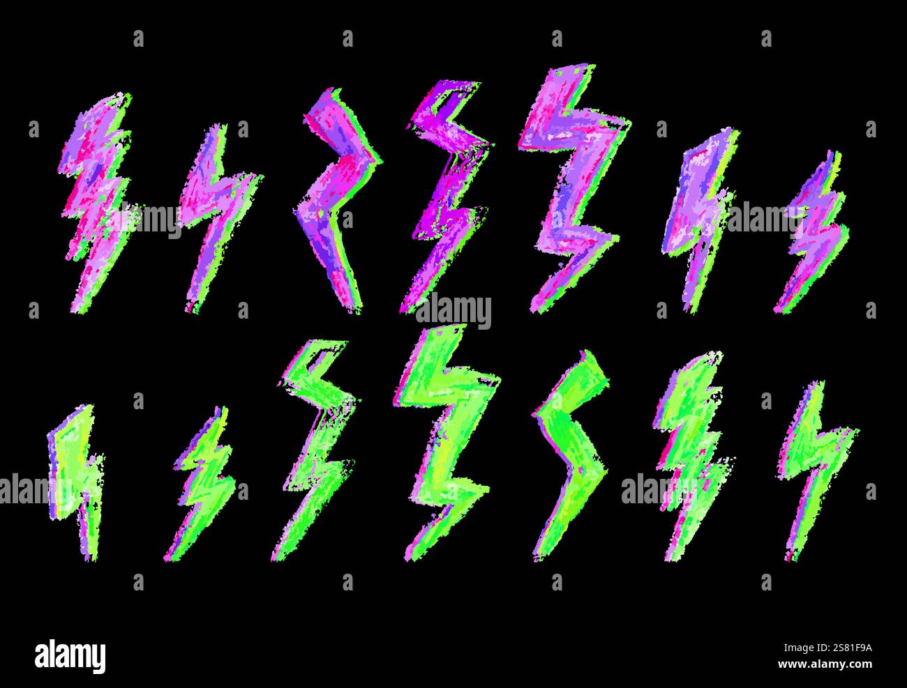Set of lightning by colorful wax pencil drawing. Collection of ...