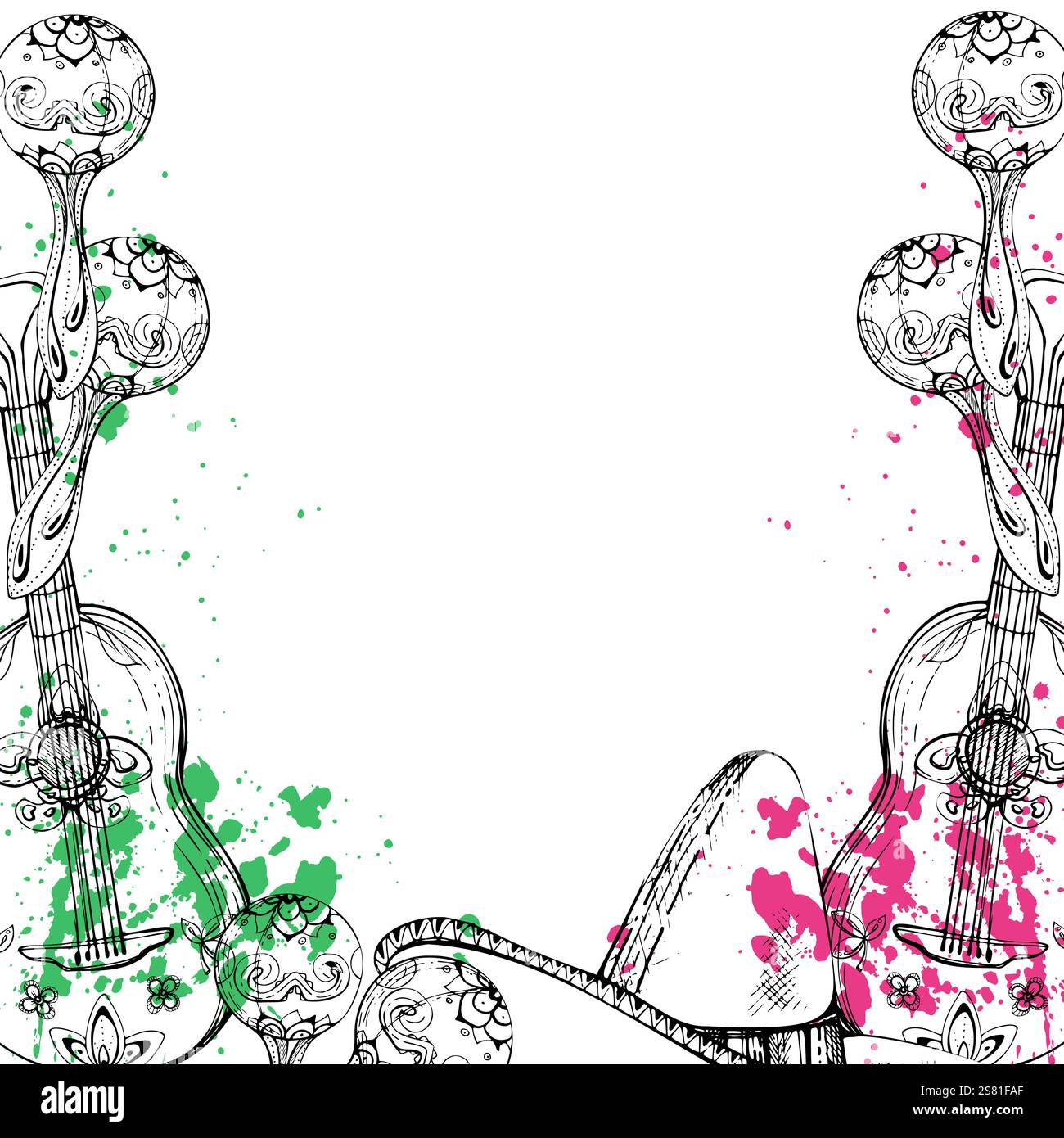 Mexican symbols sombrero hat, guitar maracas mariachi musical ...